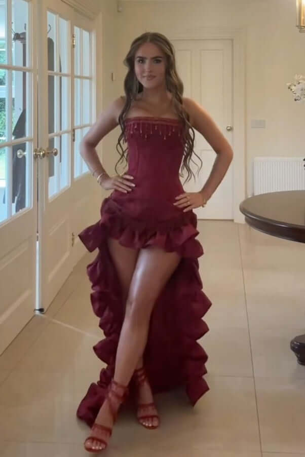 Unique High Low Strapless Burgundy Long Prom Dresses with Tassel Ruffl ...