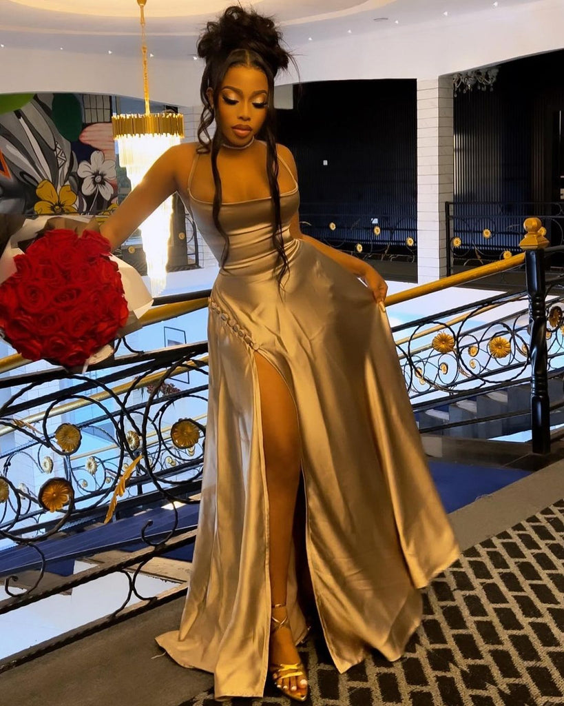 Women Gold Prom Dress Black Girl,Leg Split Birthday Outfits – jkprom