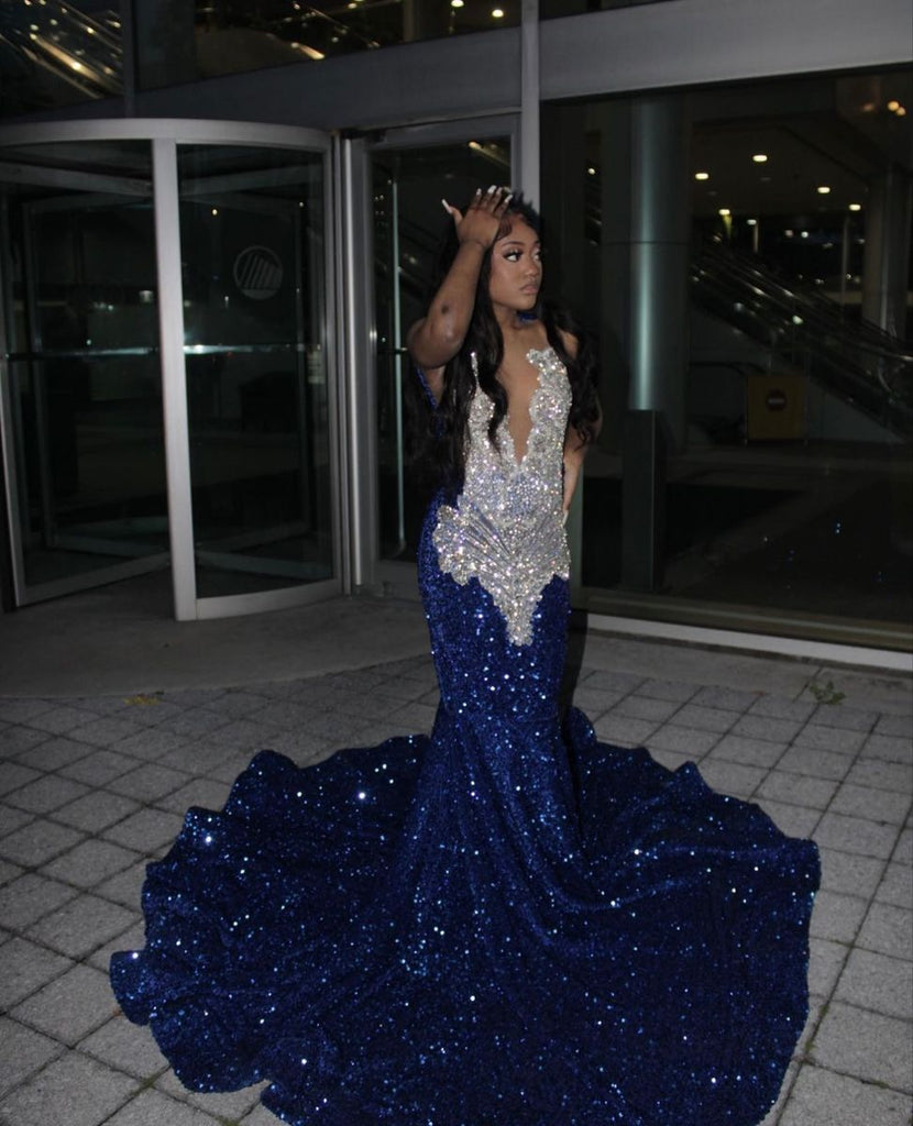 Long Fitted Prom Dress, Navy Blue Sequins African Formal Party Gown ...