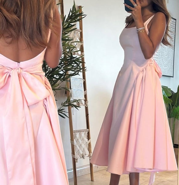Unique Pink Prom Dress, Midi Formal Dresses Open Back – jkprom