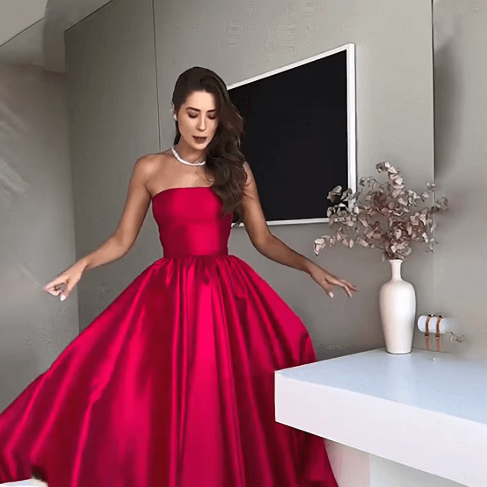 Red Satin Prom Gown Strapless A-Line Simple Formal Occasion Dress – jkprom