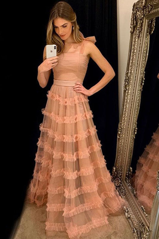 Elegant Straps Peach Long Winter Prom Dress with Cascading Ruffles – jkprom