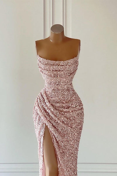 Gorgeous Light Pink Sequined Sleeveless Prom Dress With Slit – jkprom