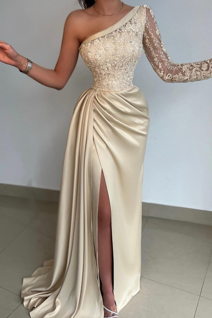 One Shoulder Lace Long Sleeve Satin Prom Dresses With Slit – jkprom