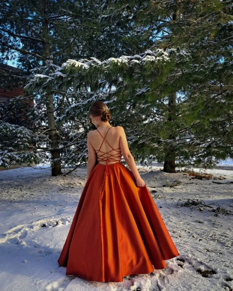 Best Burnt Orange Satin Prom Dress with Pockets A Line – jkprom