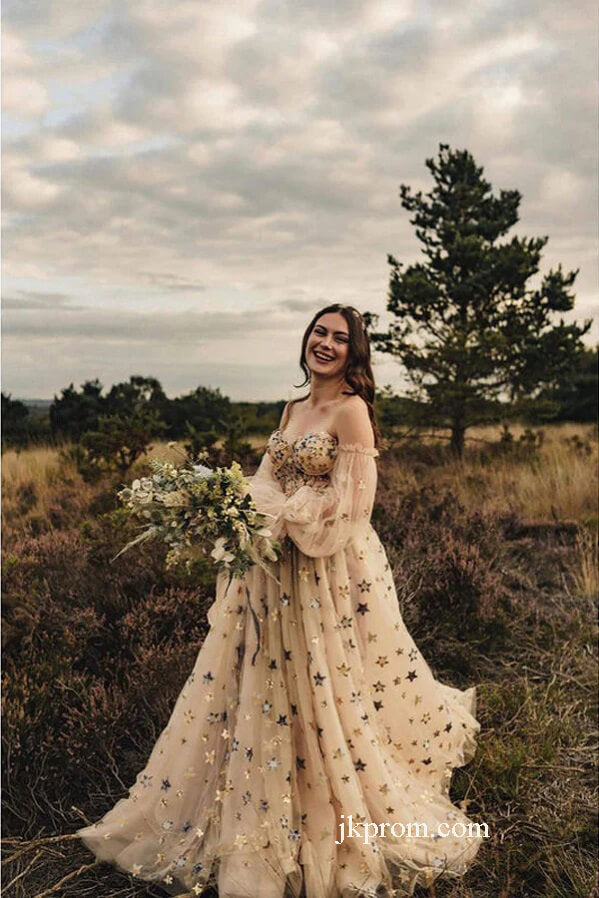 Unique Country Prom Dresses,Long Sleeve Tulle Evening Dress – jkprom