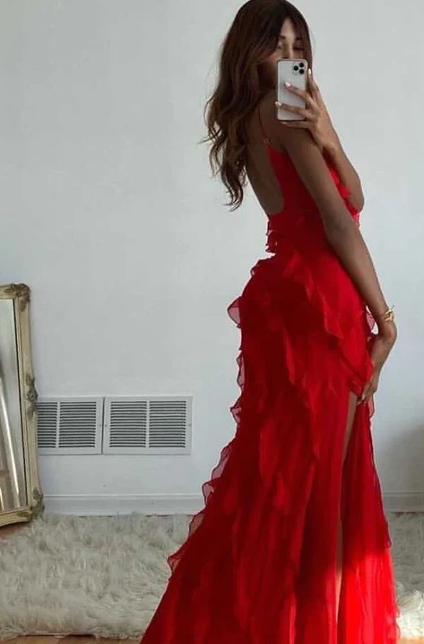 Red Ruffles Formal Dress Elegant Evening Dresses Mermaid – jkprom