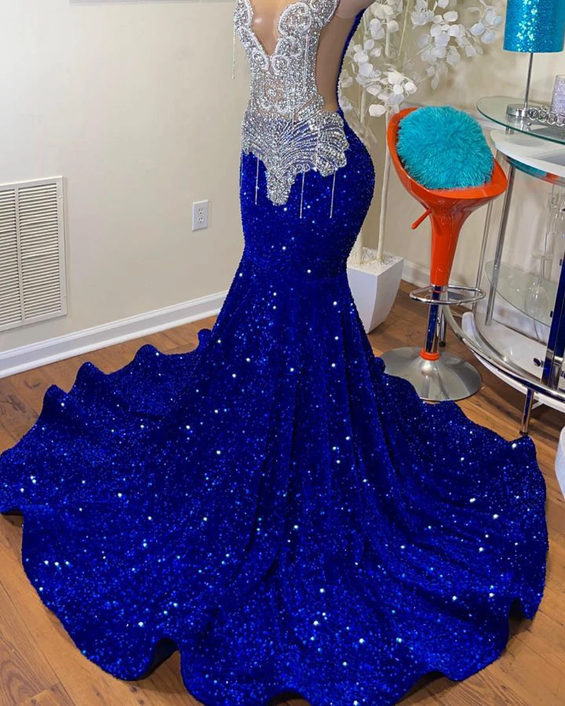 Mermaid Style Royal Blue Long Prom Dresses,Luxury Sparkly Crystals Dia ...