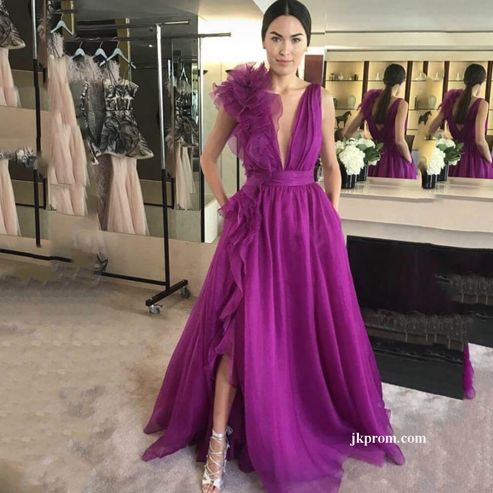 Fuchsia A-Line Prom Dresses V Neck Maxi Evening Party Dress – jkprom