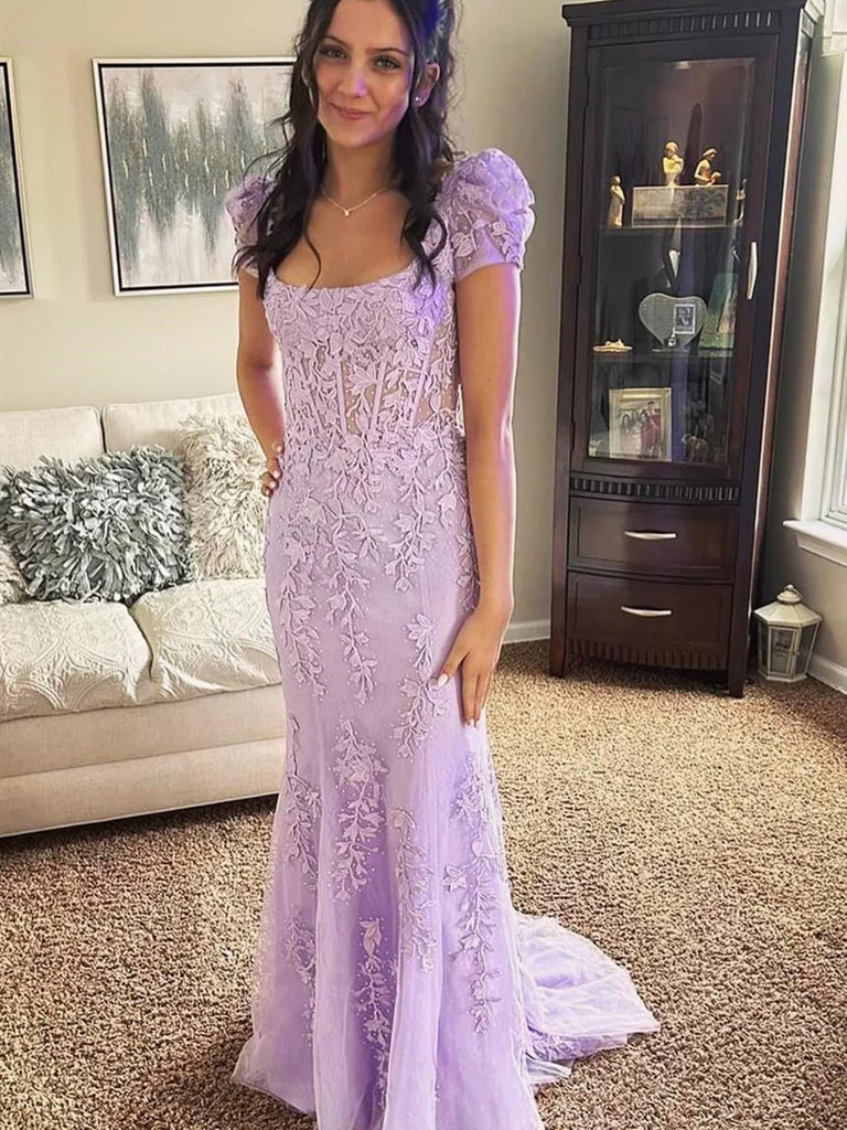 Square Neck Champagne Long Lace Prom Dress,Lilac Formal Evening – jkprom