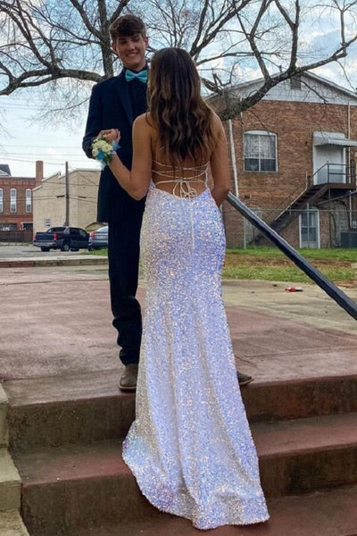 Sparkling Spaghetti Straps Long Sequin White Prom Dresses,Mermaid Back ...