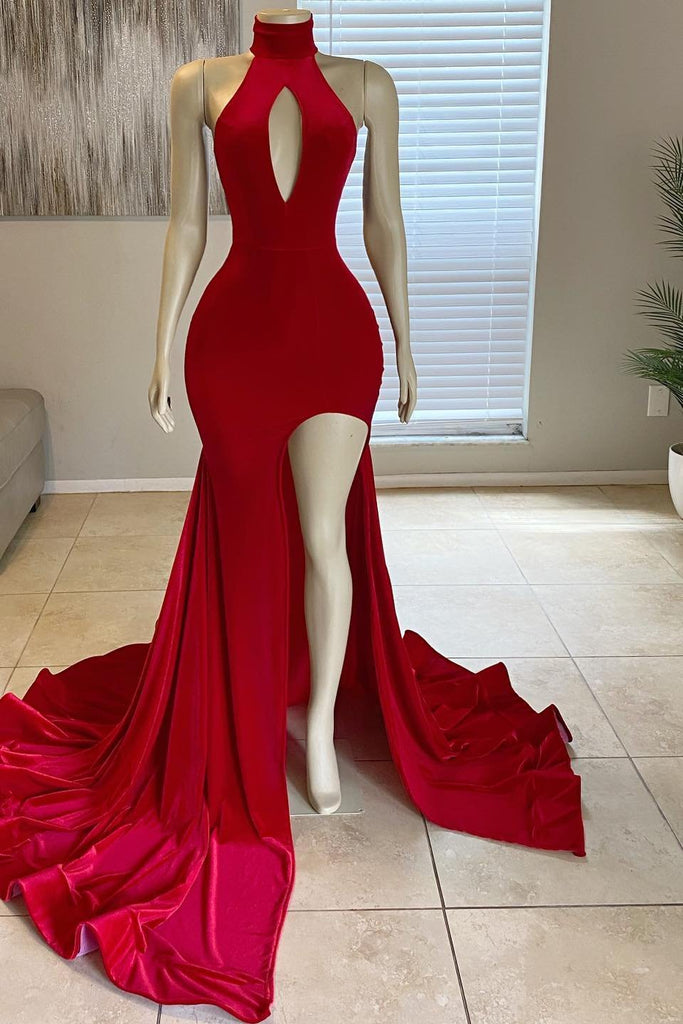 Modern High Neck Red Leg Split Mermaid Prom Dress Long – jkprom
