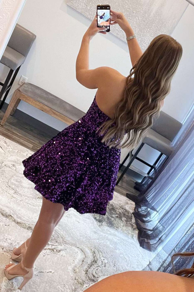 Purple Sequin Sweetheart A-Line Short Homecoming Dress with Pockets ...